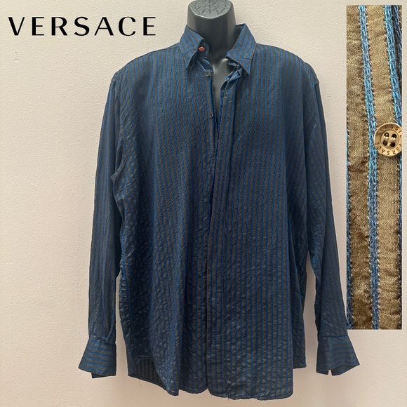 Versace | Shirts | Versace Texture Stripe Long Sleeve Shirt 75 Neck Eu ...